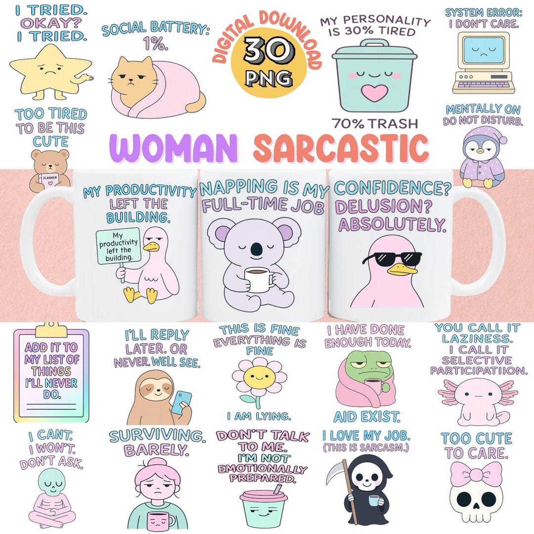 Sarcastic Woman Clipart PNG Bundle for Sublimation Mugs Shirts Stickers ...