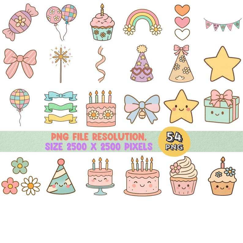 Pastel Birthday Party Clipart Bundle: Hand-drawn PNG Illustrations ...