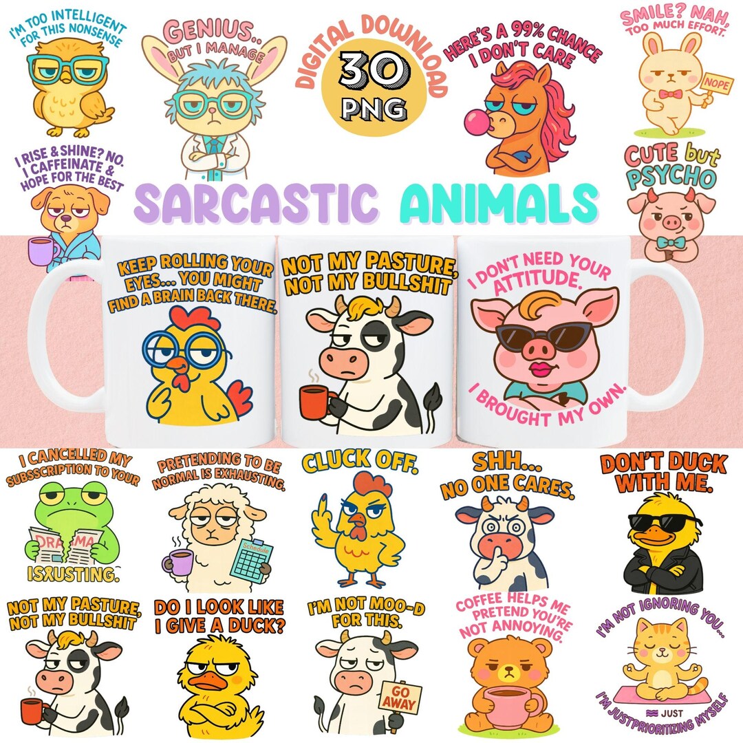 Sarcastic Animals PNG Clipart Bundle: Funny Wildlife Graphics (digital ...