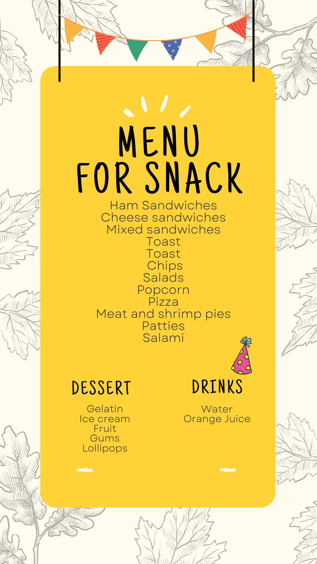 Birthday Kids Menu for Snacks - Digital and Printable - Etsy