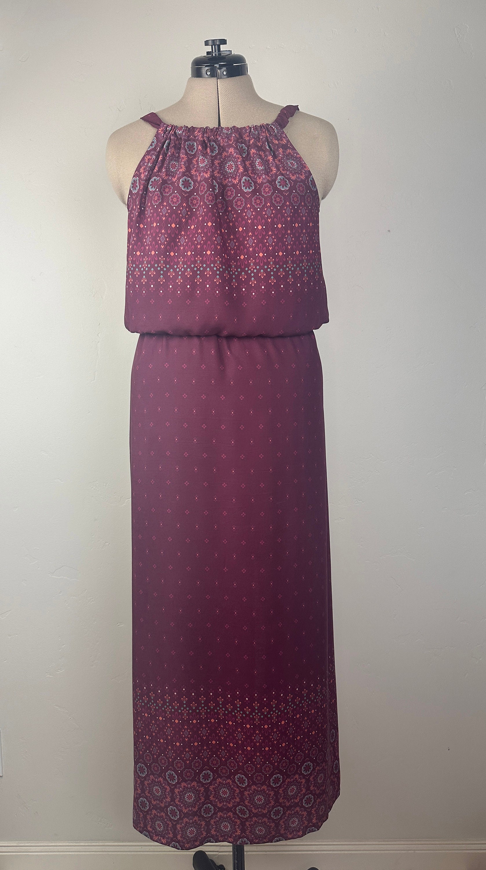 Boho Mandala Border Print Rayon Challis Fabric | Burgundy Red | Fabric ...