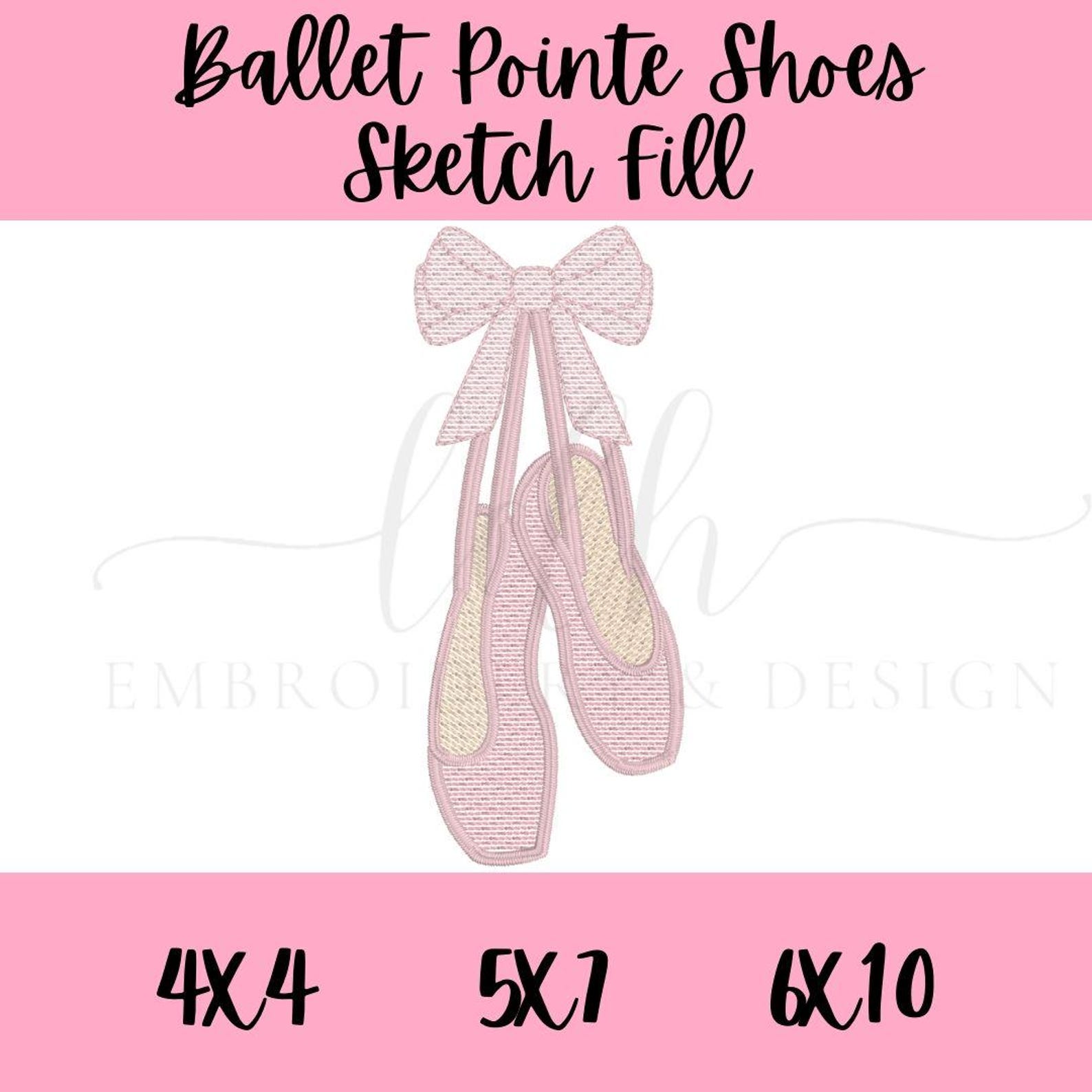 Ballet Pointe Shoes + Double Bow Sketch Fill Machine Embroidery Design ...