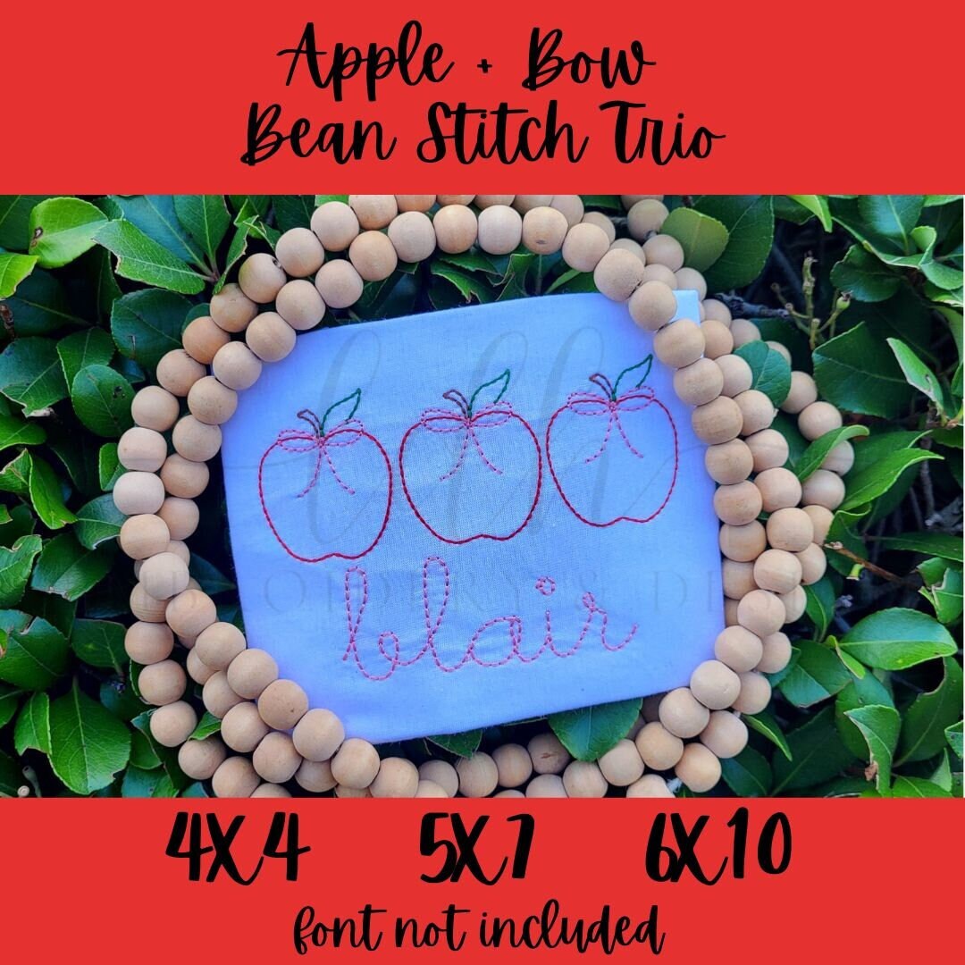 Apple + Bow Bean Stitch Trio Machine Embroidery Design Back to School ...