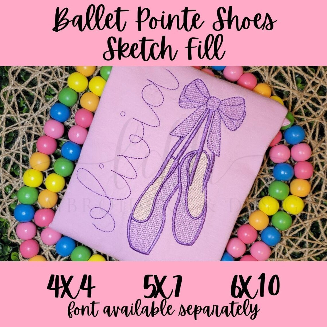 Ballet Pointe Shoes + Double Bow Sketch Fill Machine Embroidery Design ...