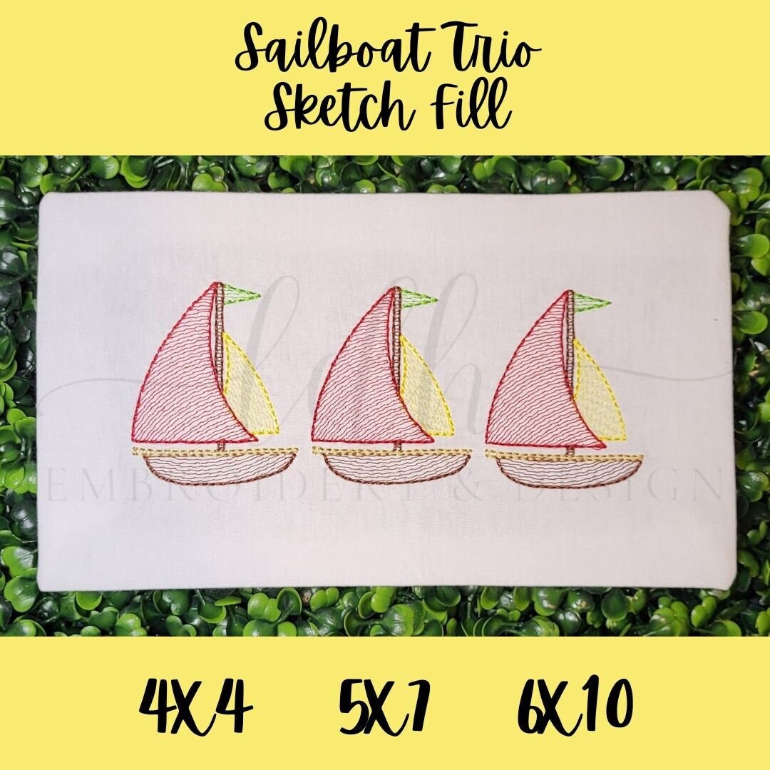 Sketch Fill Sail Boat Trio Embroidery Design File Summer Sailboat ...