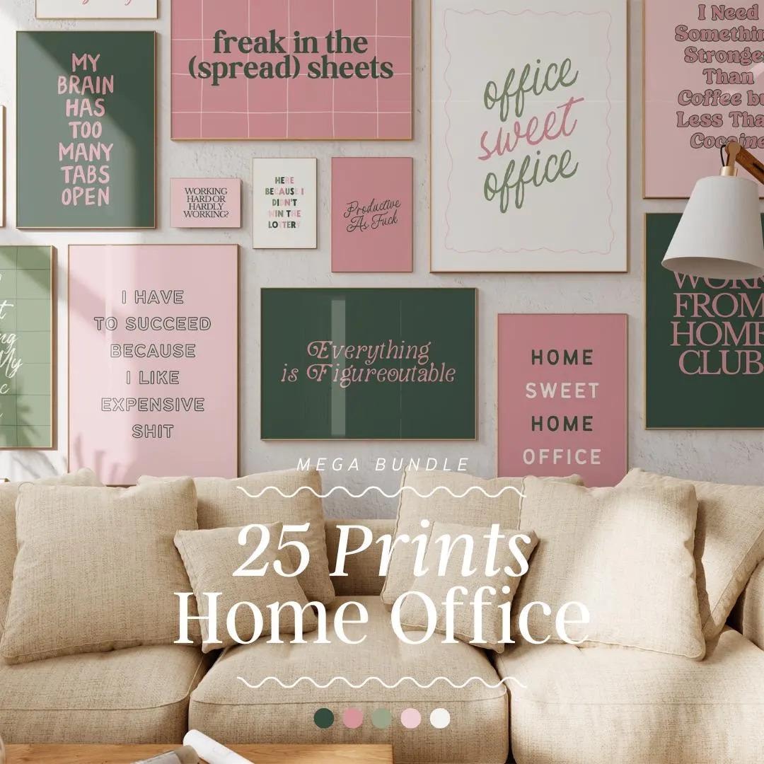 Home Office Print Set | Pink Work From Home Poster, Motivational Wall ...