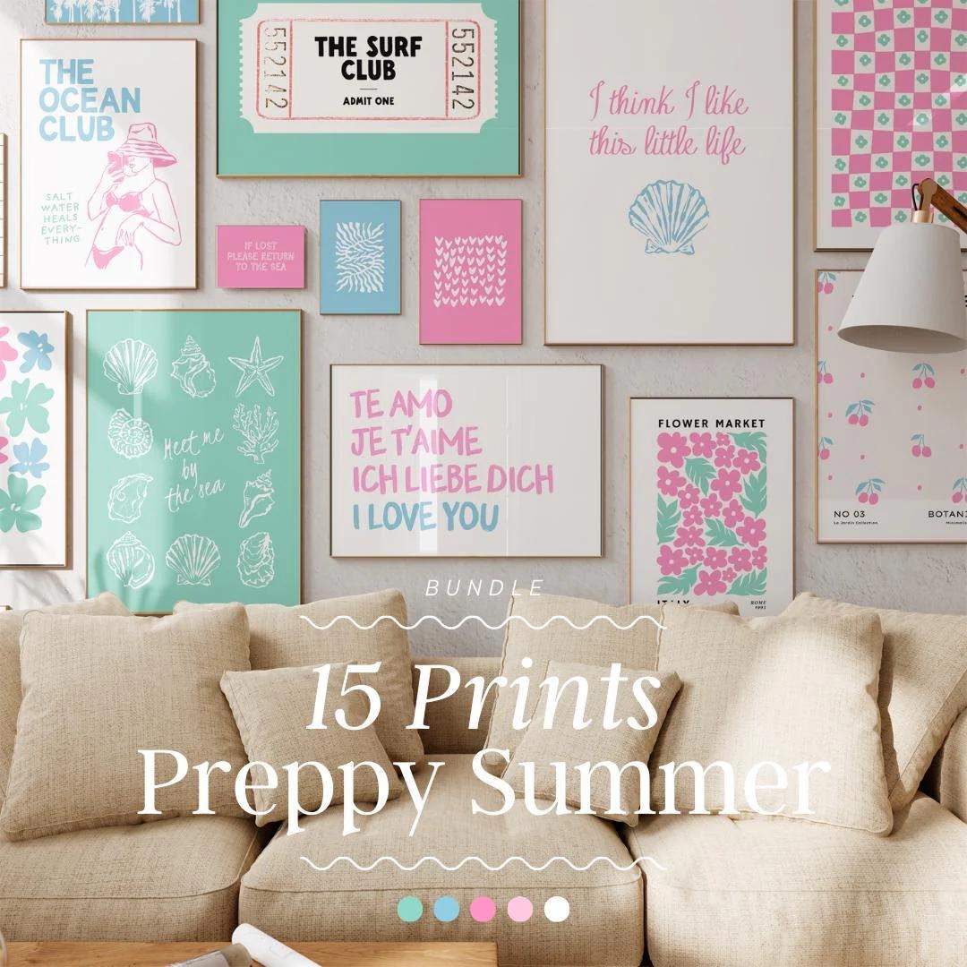 Coastal Summer Wall Art Print Bundle | Preppy Beach Decor (digital ...