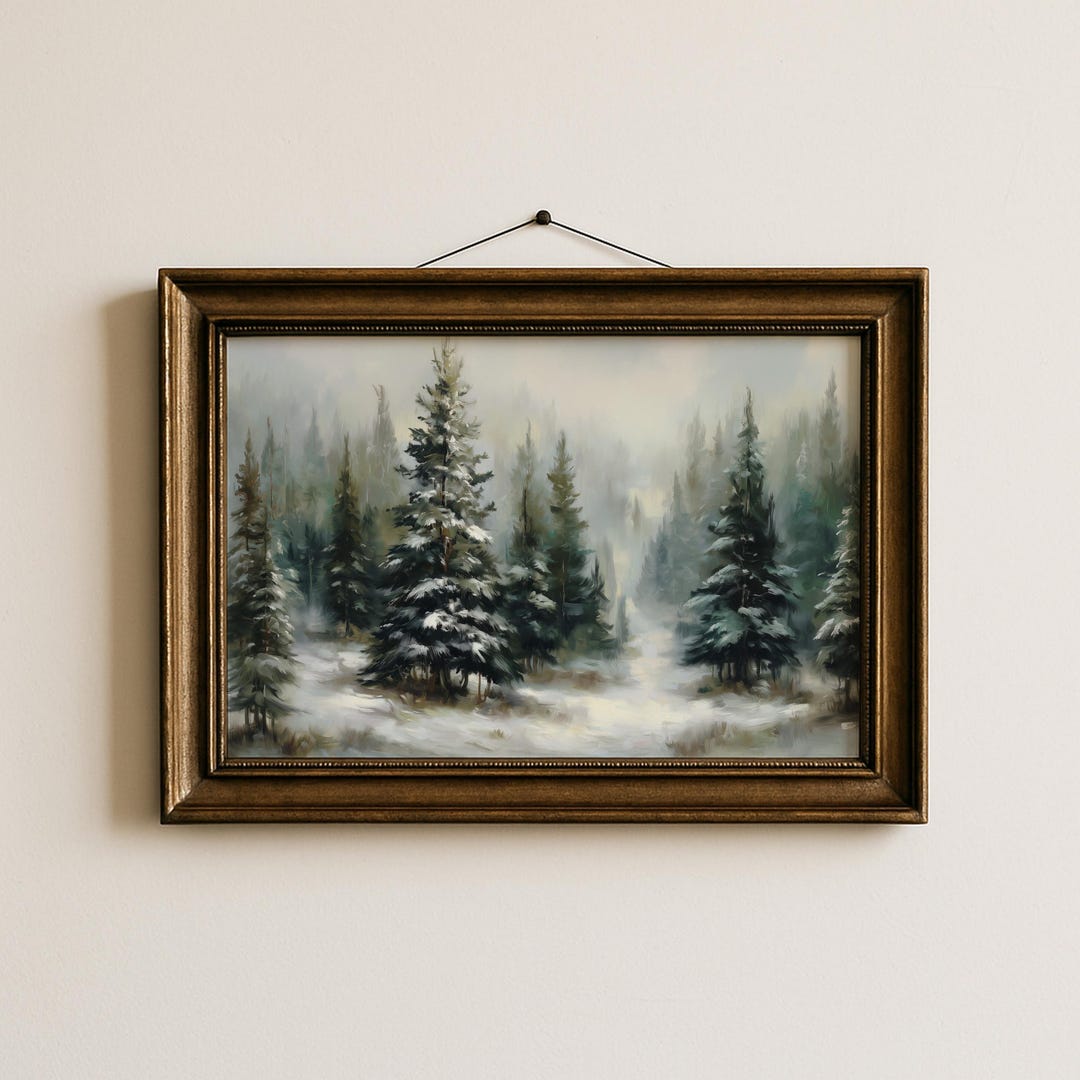 Vintage Snowy Forest Oil Painting Print | Rustic Christmas Decor ...