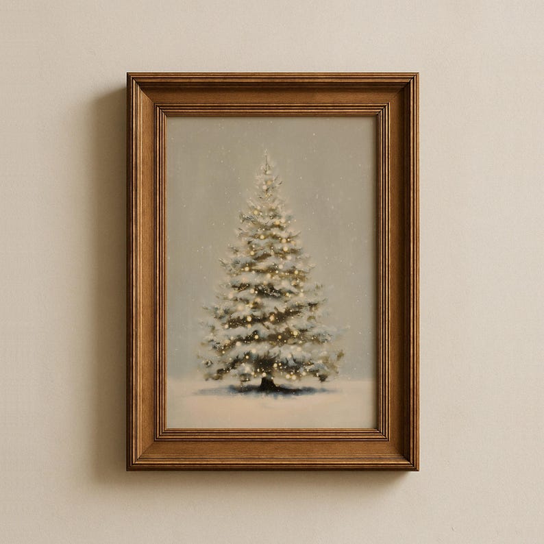 Vintage Christmas Tree Oil Painting Print | Rustic Winter Decor ...