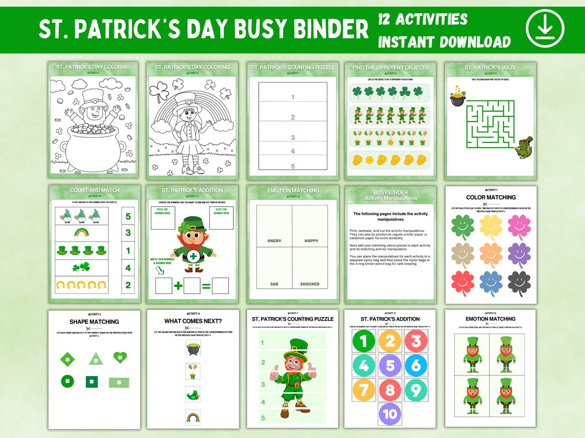 St. Patrick's Day Busy Binder for Kids, Activities for Kids, Indoor ...