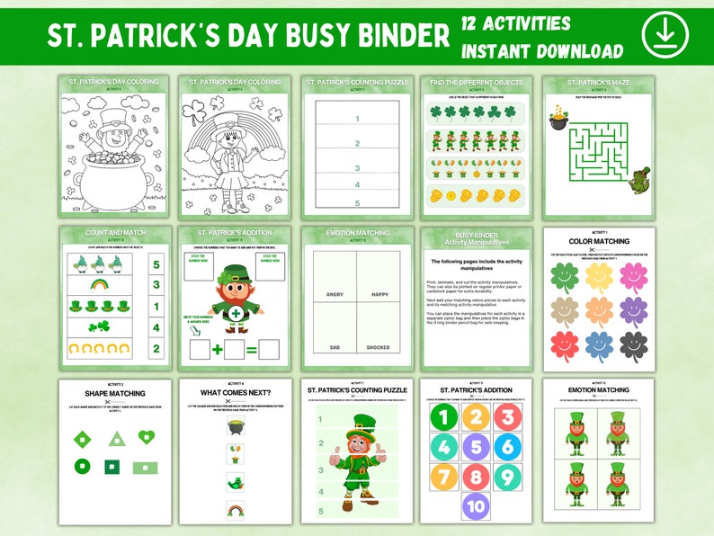 St. Patrick's Day Busy Binder for Kids, Activities for Kids, Indoor ...
