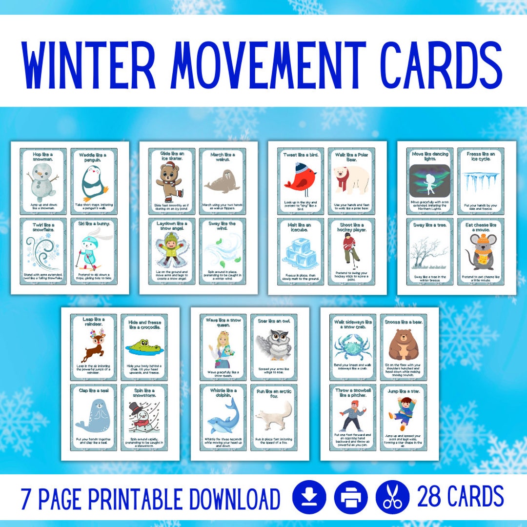 Winter Movement Cards for Kids, Flashcards, Indoor Activites for Kids ...