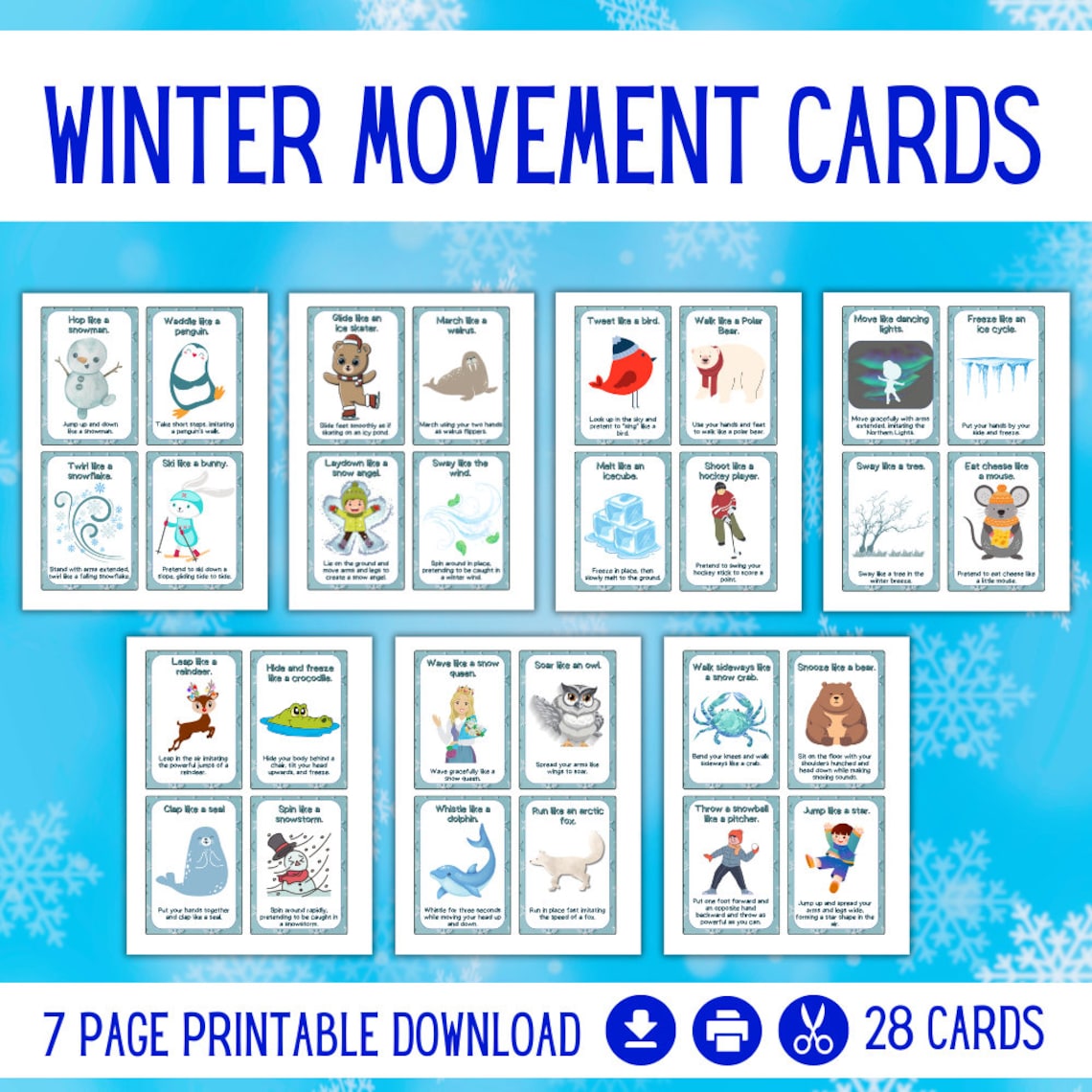 Winter Movement Cards for Kids, Flashcards, Indoor Activites for Kids ...