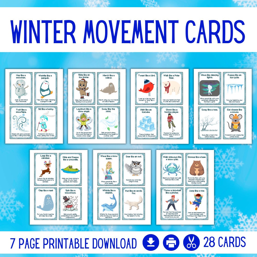 Winter Movement Cards for Kids, Flashcards, Indoor Activites for Kids ...
