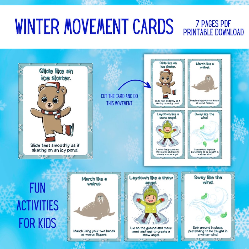 Winter Movement Cards for Kids, Flashcards, Indoor Activites for Kids ...
