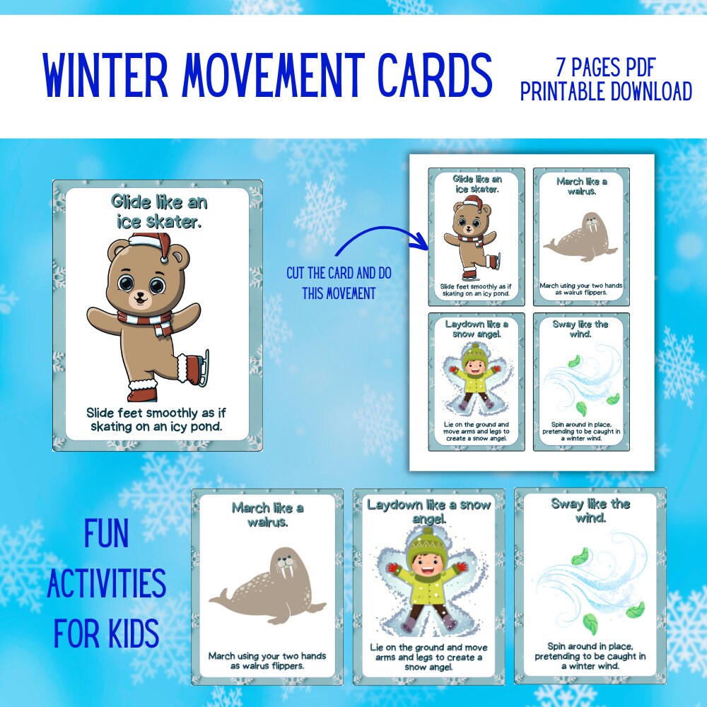 Winter Movement Cards for Kids, Flashcards, Indoor Activites for Kids ...