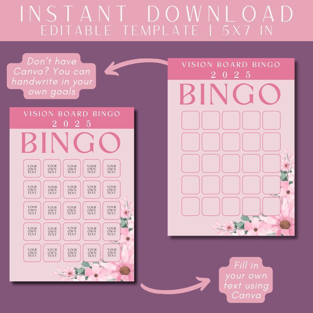 2025 Vision Board Bingo Floral, Goal Setting, New Year Resolutions ...
