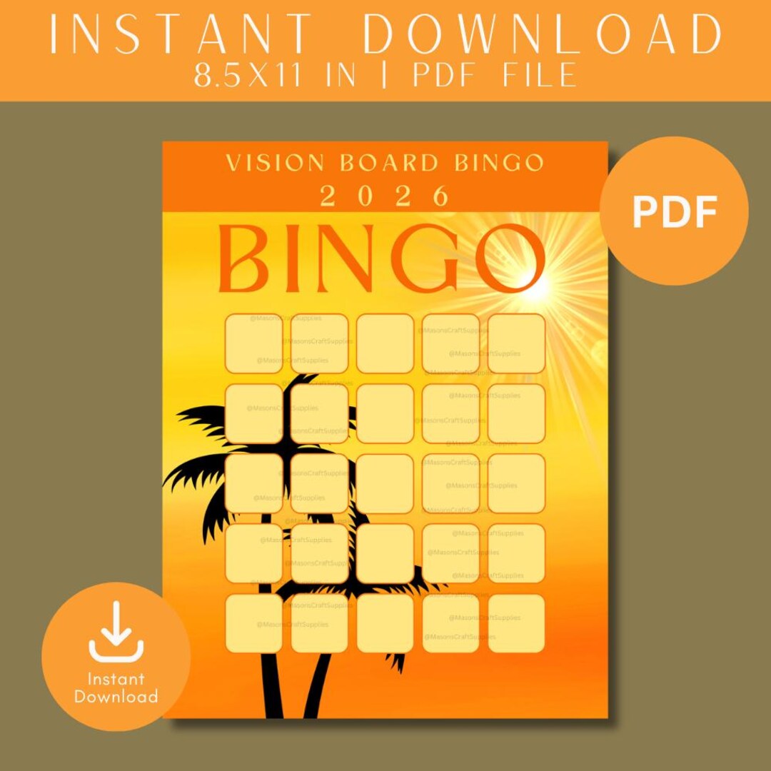 2026 Vision Board Bingo Sun, Sunset, Sunrise, Palm Trees, Tropical ...