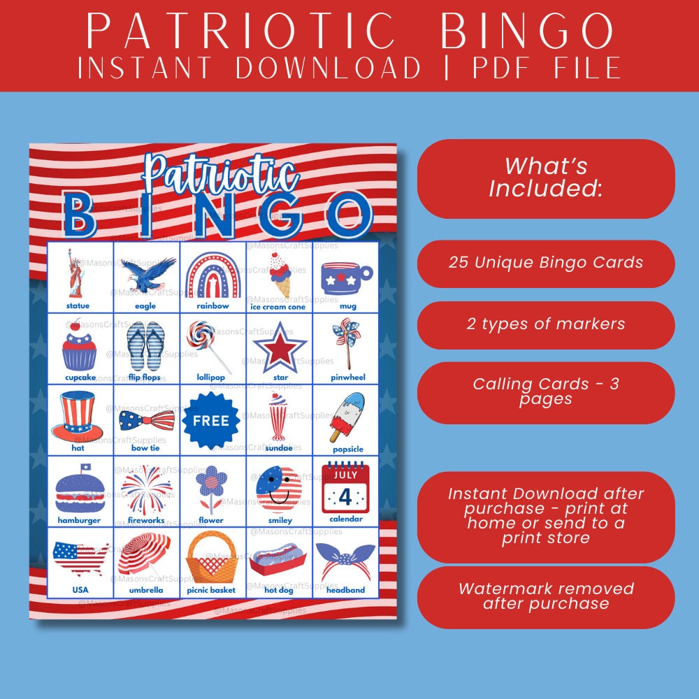 Patriotic Bingo Game, Printable Bingo Cards, 4ht of July, Memorial Day ...