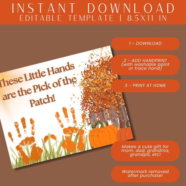 Pumpkin Patch Handprint Craft, Fall Printable for Kids, Autumn ...