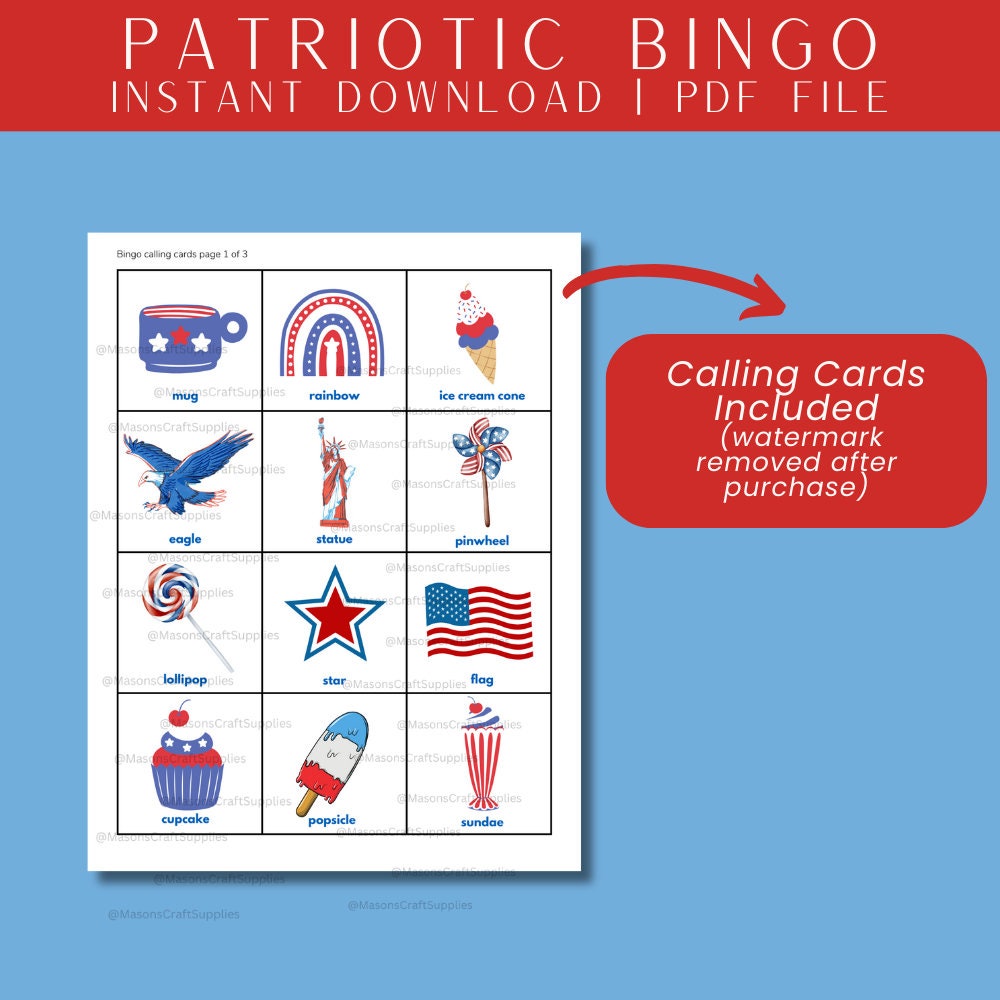 Patriotic Bingo Game, Printable Bingo Cards, 4ht of July, Memorial Day ...