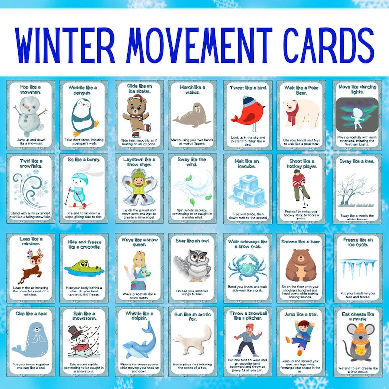 Winter Movement Cards for Kids, Flashcards, Indoor Activites for Kids ...
