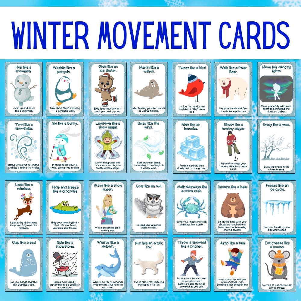 Winter Movement Cards for Kids, Flashcards, Indoor Activites for Kids ...
