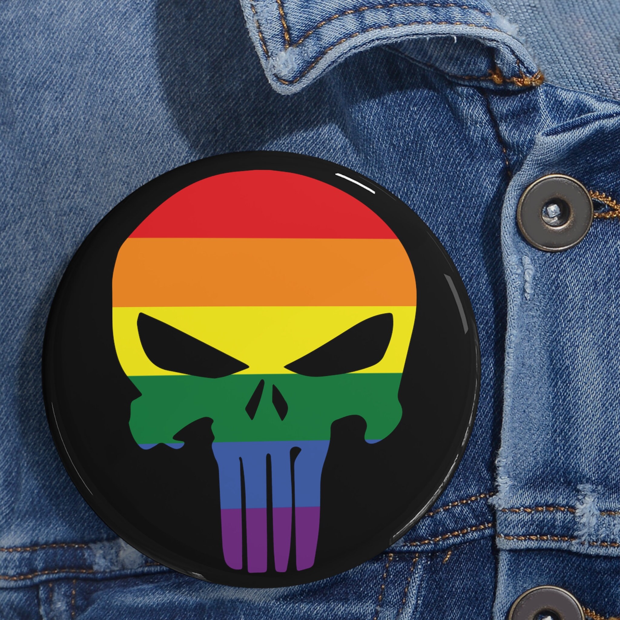 LGBTQ Pride Flag Punisher Skull Pin Button Accessorize With Pride ...