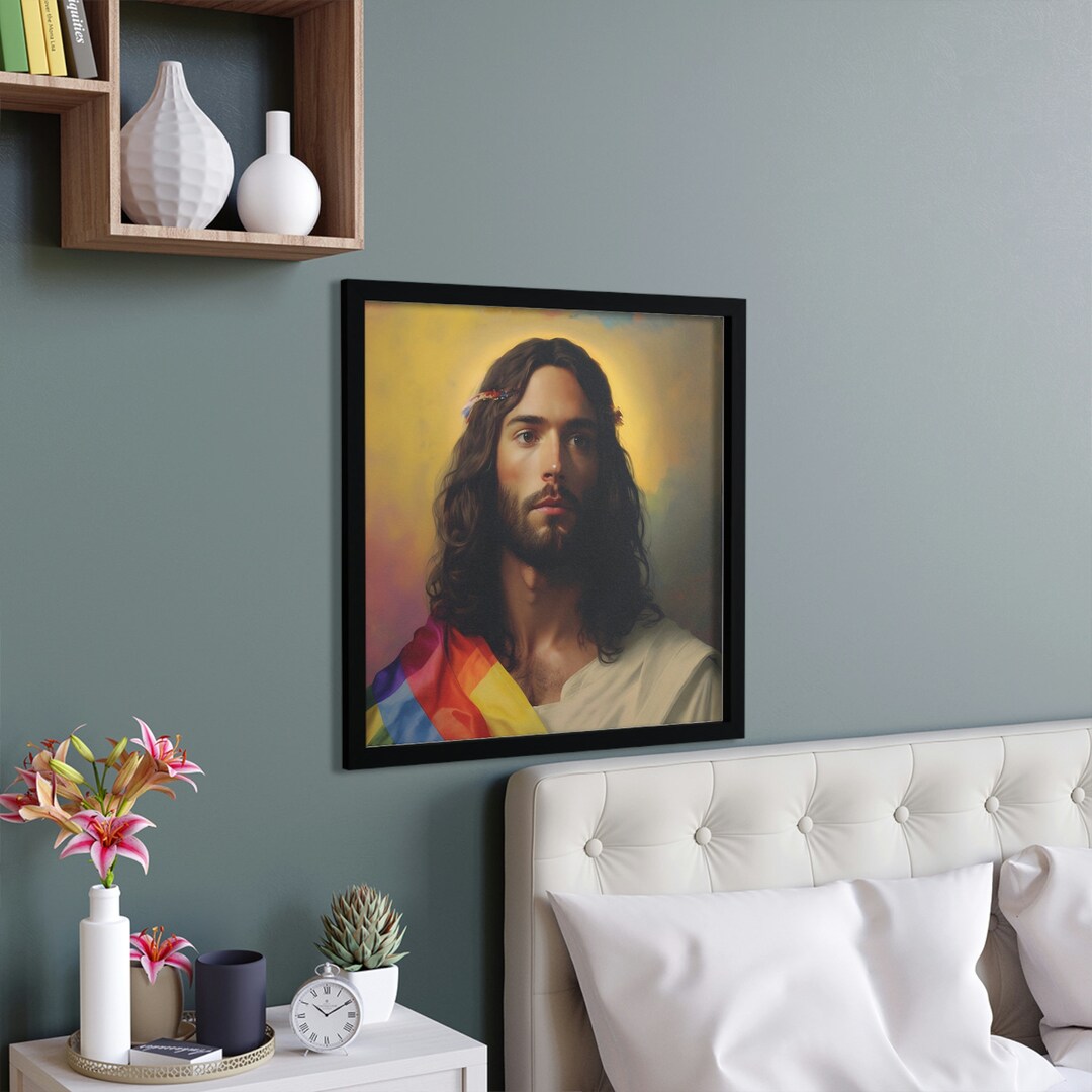 LGBTQ Pride Jesus Framed Photo 24x24 Inches, Vibrant Rainbow Flag ...
