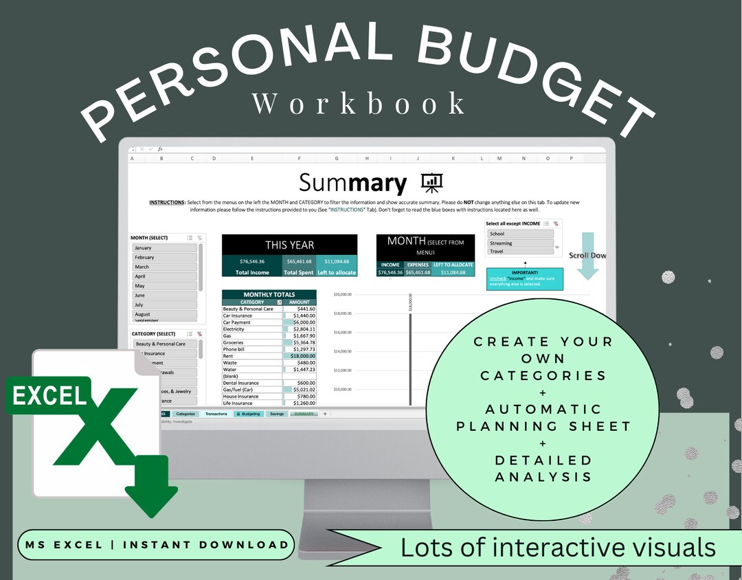 EXCEL Ultimate Monthly Budget Spreadsheet, Financial Planner, Expense ...