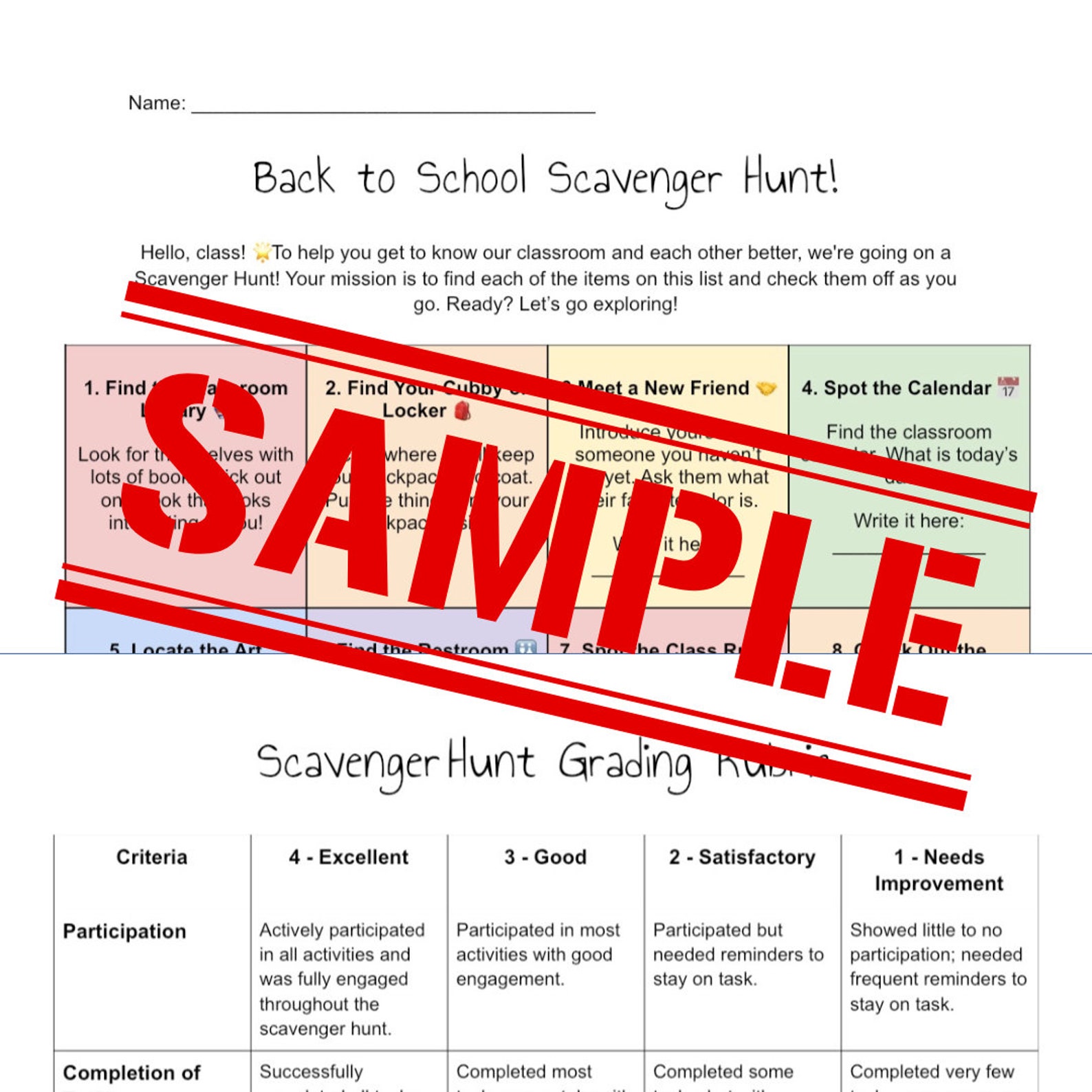 Elementary Back to School Classroom Scavenger Hunt With Grading Rubric ...