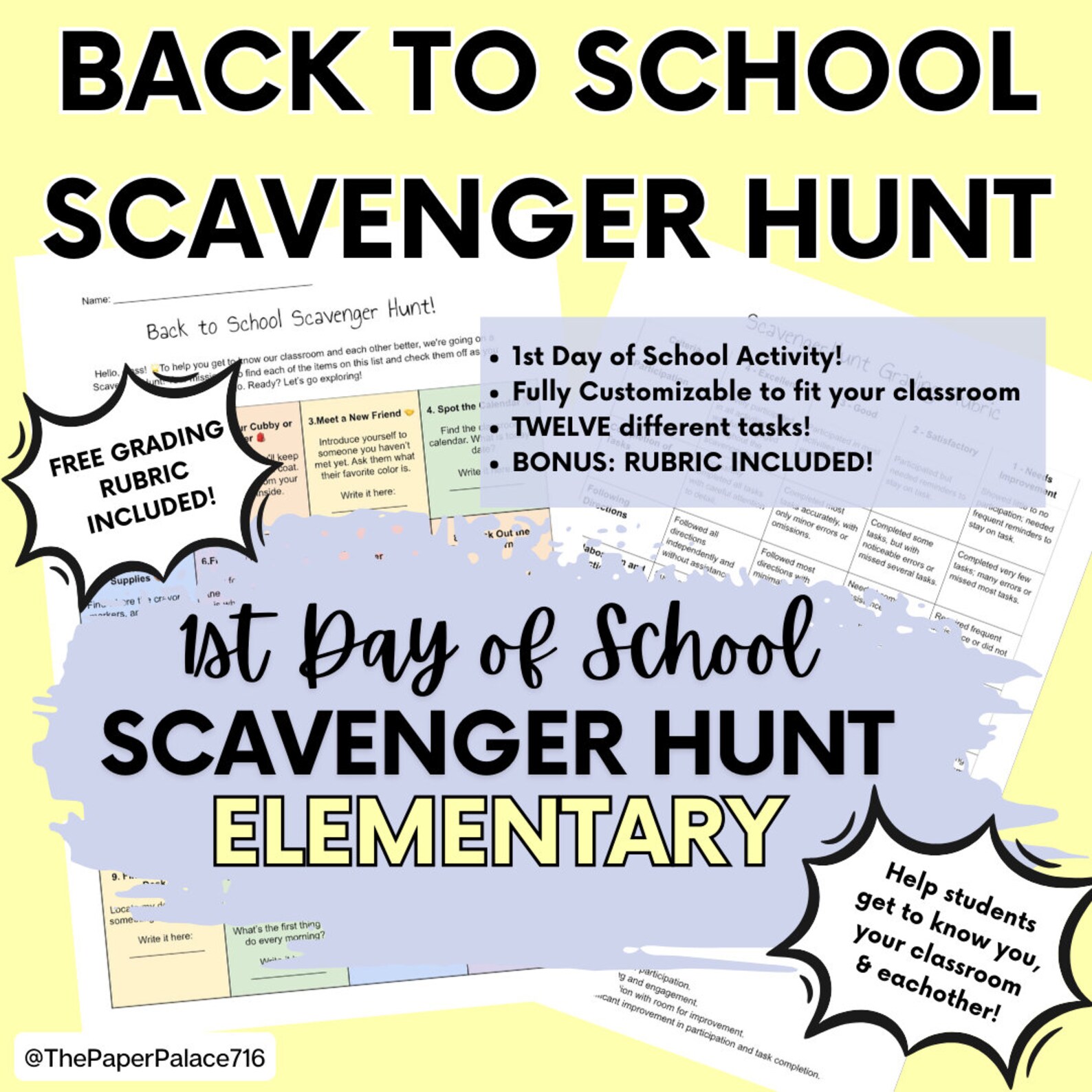 Elementary Back to School Classroom Scavenger Hunt With Grading Rubric ...