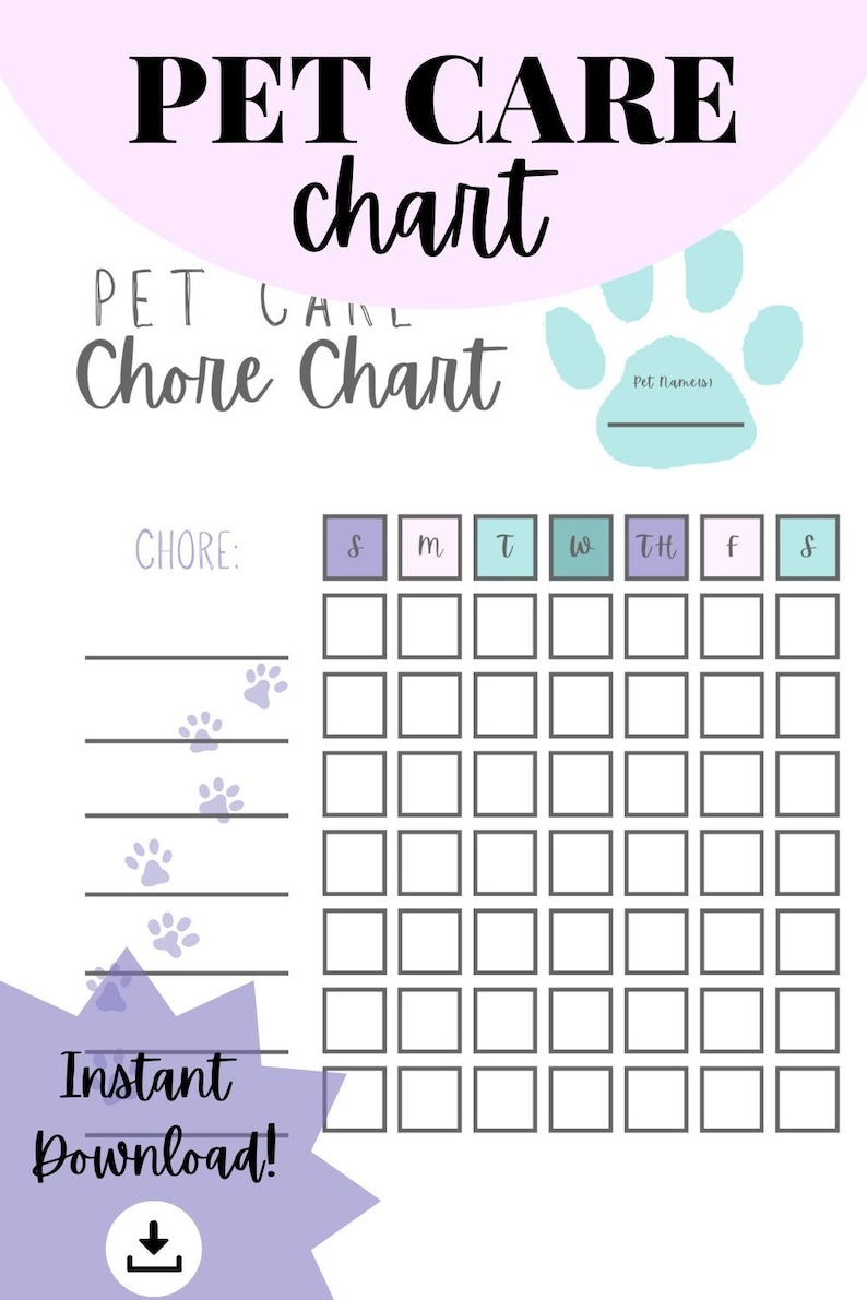 Pet Care Chore Chart, Pet Chart, Pet Chore Chart, Daily Dog Care Chart ...