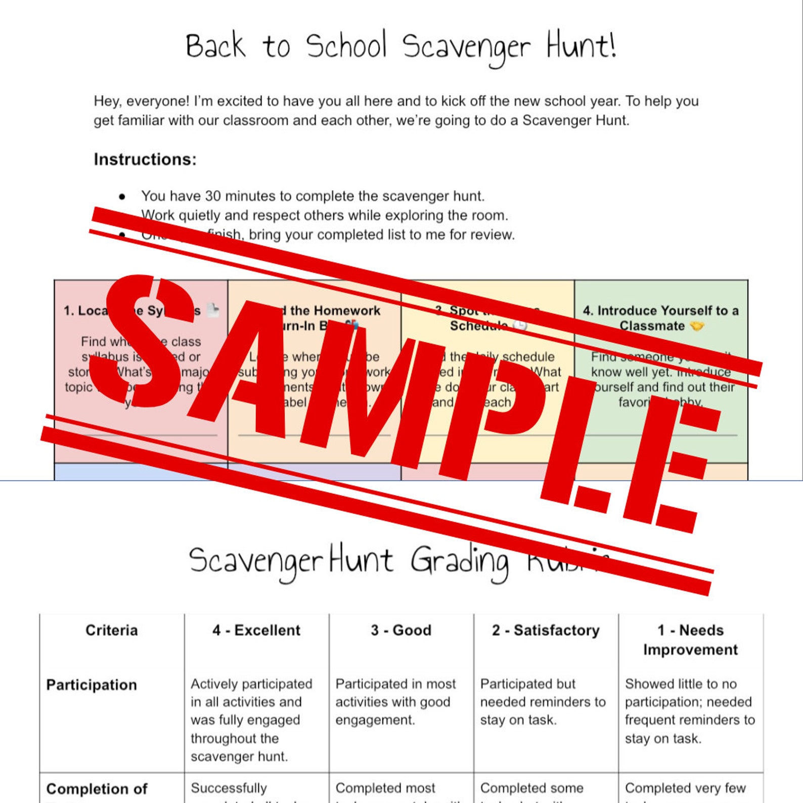 High School Back to School Classroom Scavenger Hunt With Grading Rubric ...