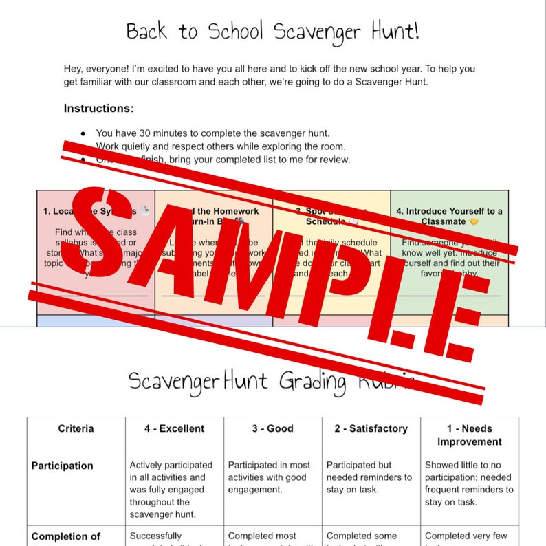 High School Back to School Classroom Scavenger Hunt With Grading Rubric ...