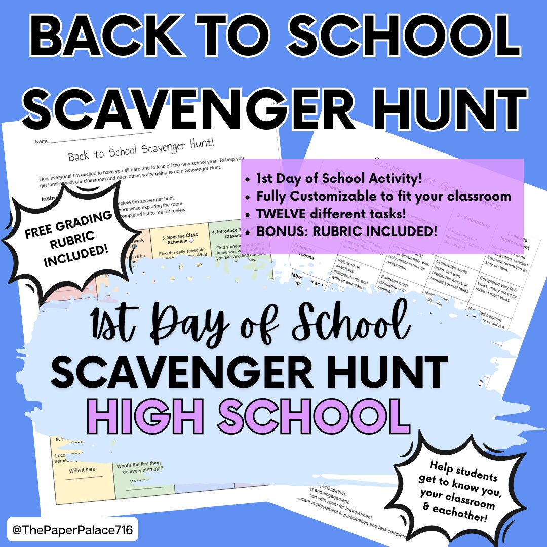 High School Back to School Classroom Scavenger Hunt With Grading Rubric ...