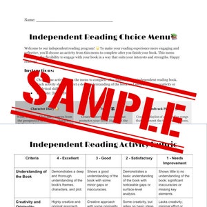 Independent Reading Project Choice Menu With Grading Rubric for Middle ...