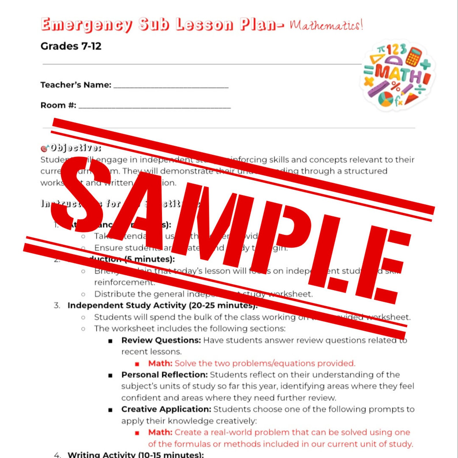 Math Emergency Sub Plan, Ready-to-use Lesson & Activity, Emergency Math ...