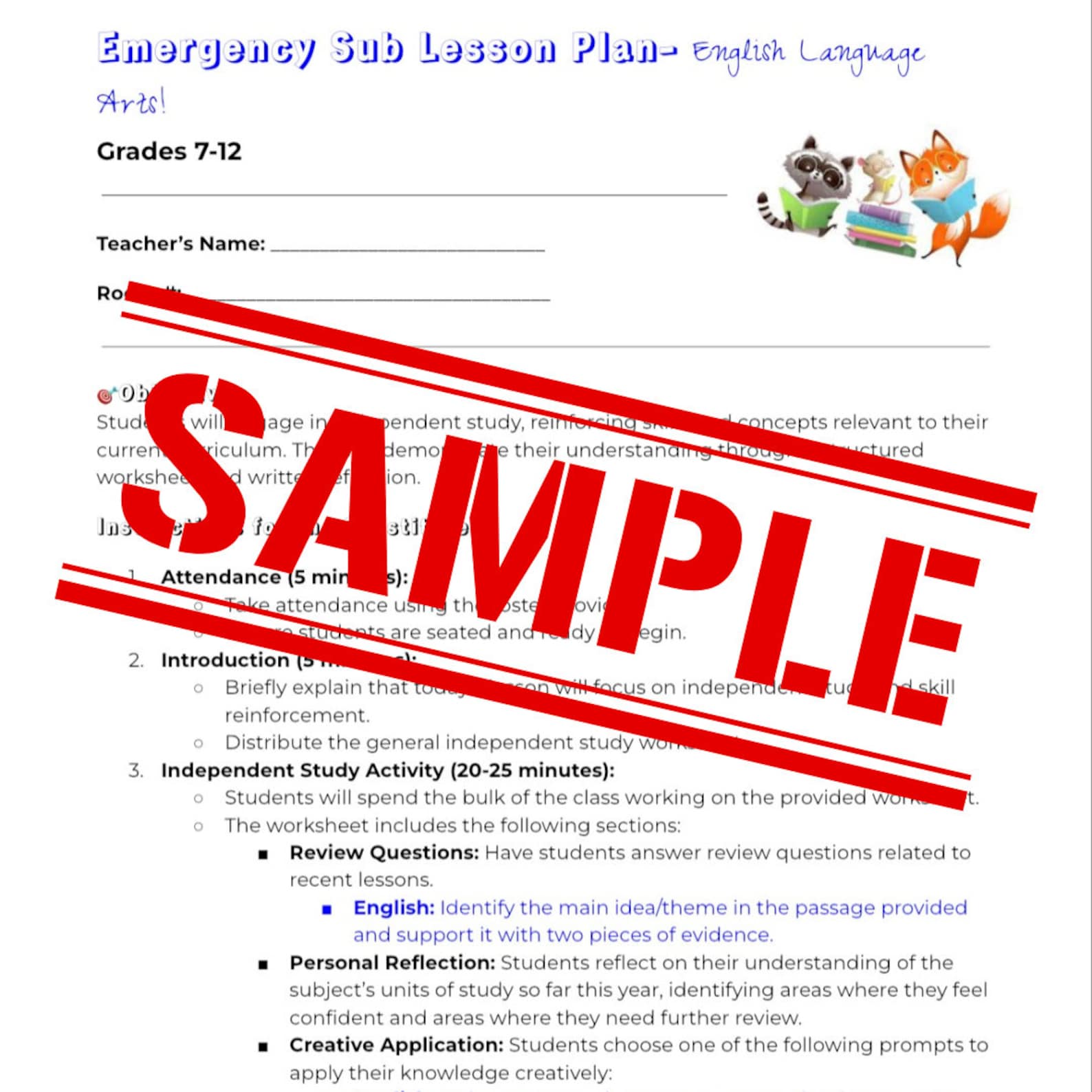 ELA Emergency Sub Plan, Ready-to-use Lesson & Activity, Emergency ...