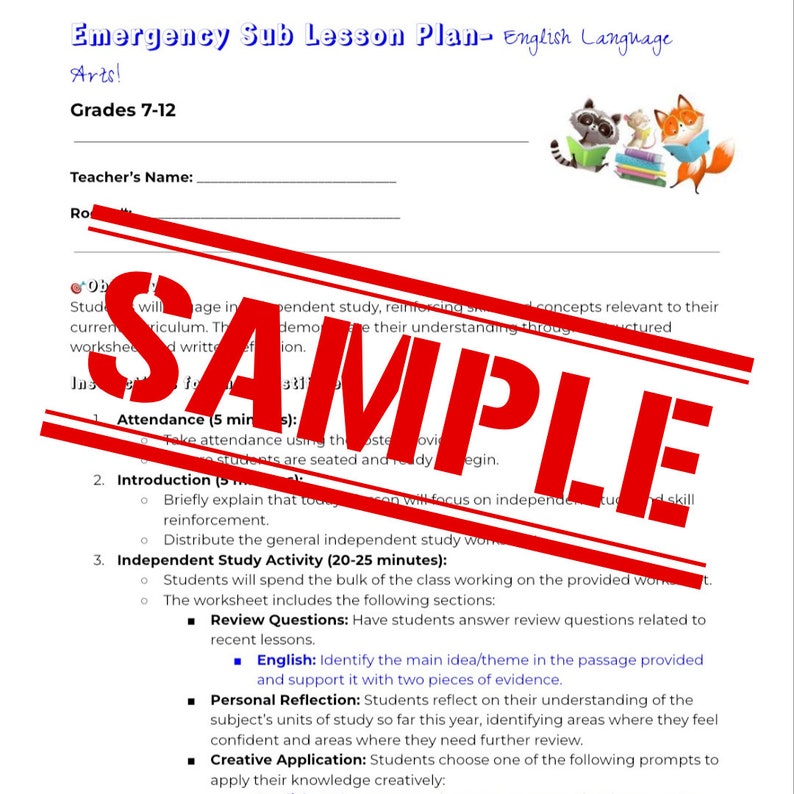 ELA Emergency Sub Plan, Ready-to-use Lesson & Activity, Emergency ...