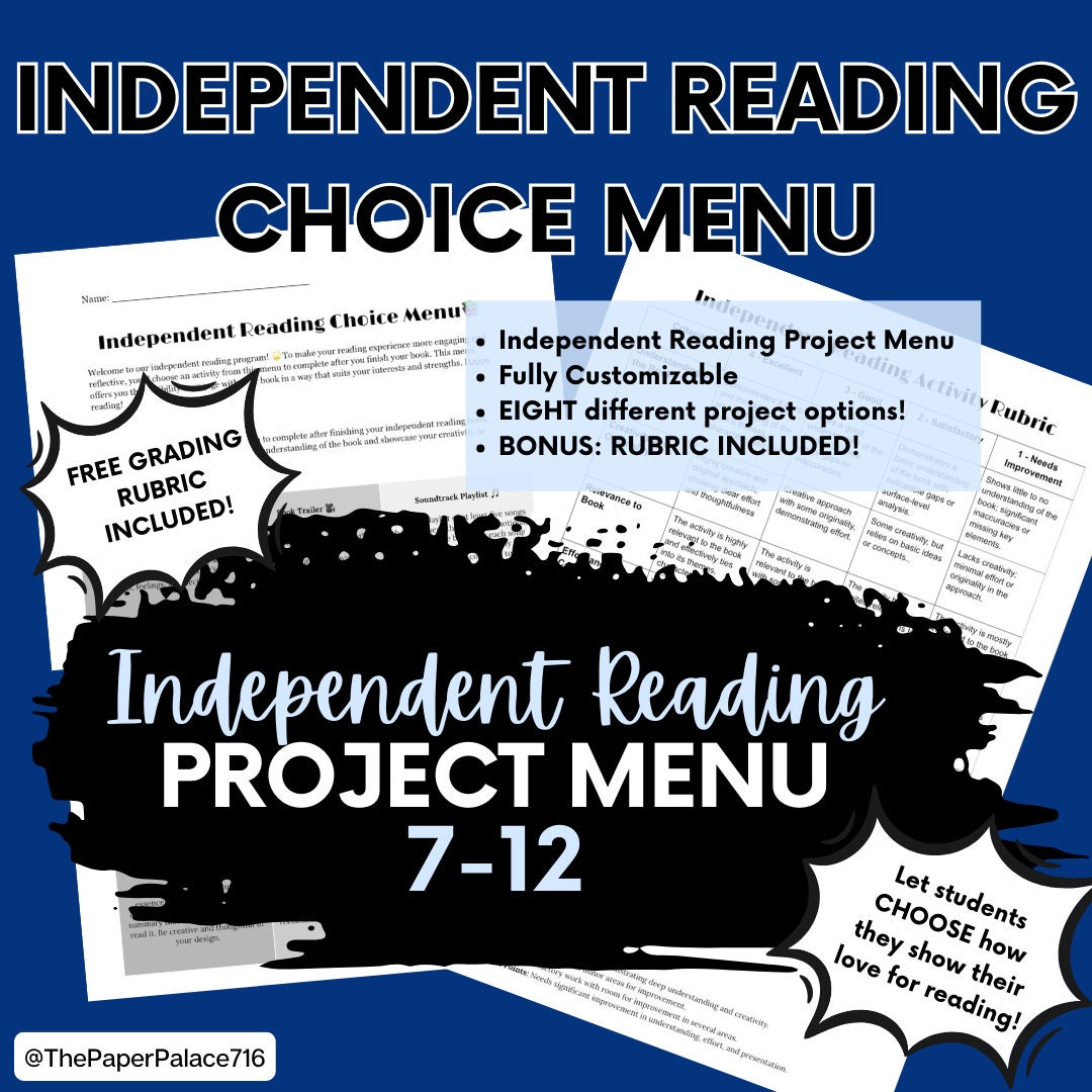 Independent Reading Project Choice Menu With Grading Rubric for Middle ...
