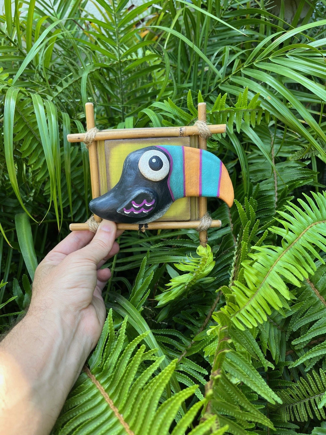 Tropical Bird Wall Art With Bamboo Frame: Clay Toucan Sculpture, Tiki ...