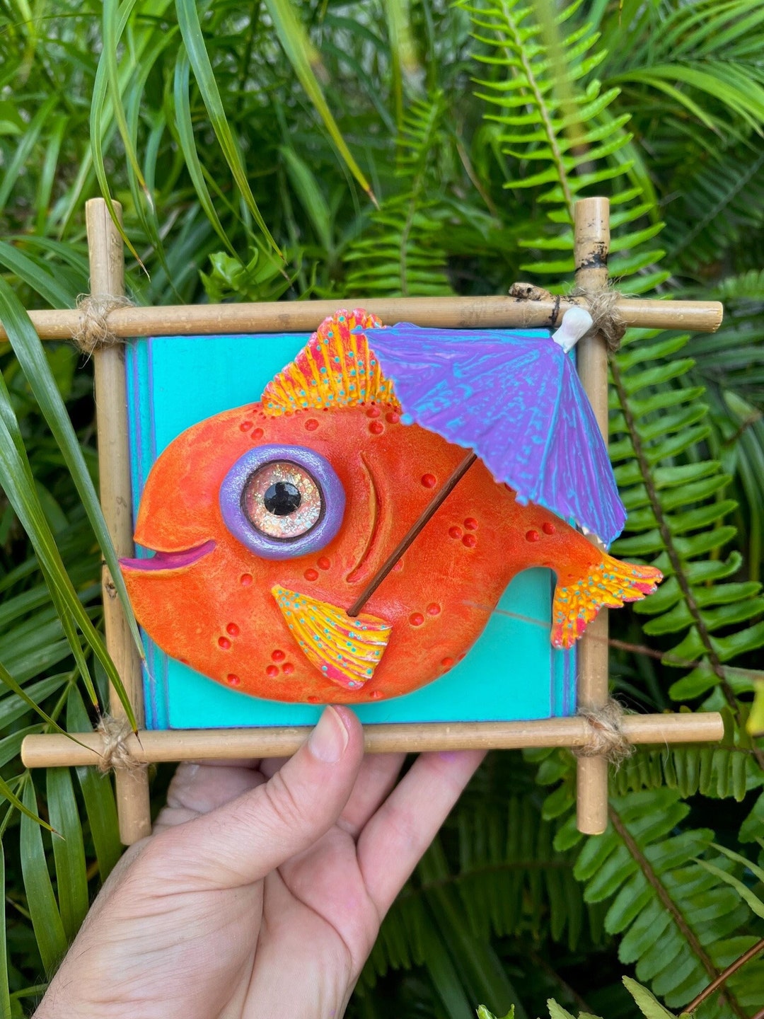 Clay Fish With Umbrella in Bamboo Frame: Fish Wall Art - Etsy