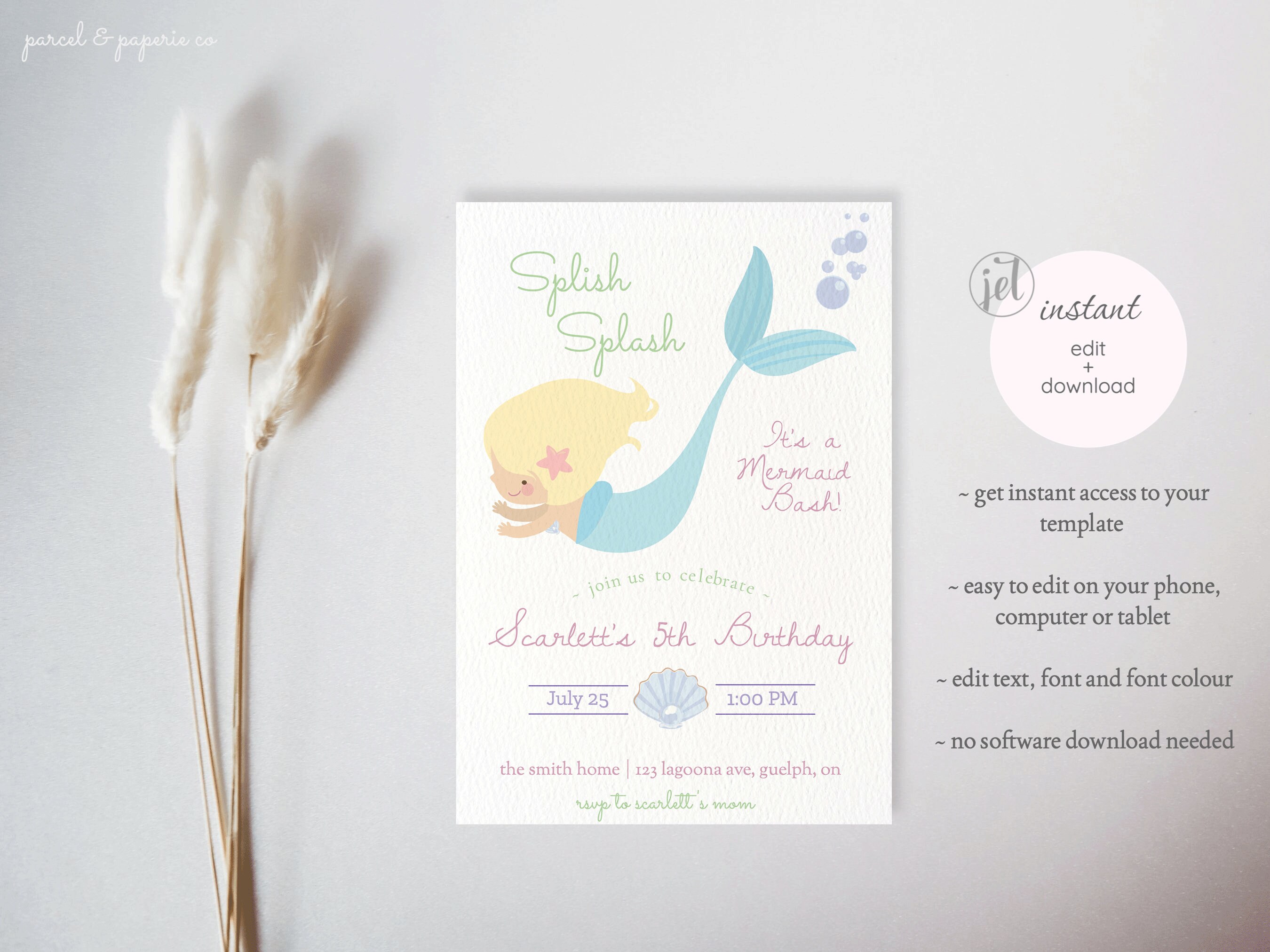 Digital Mermaid Birthday Invitation, Simple Mermaid Birthday Invite ...