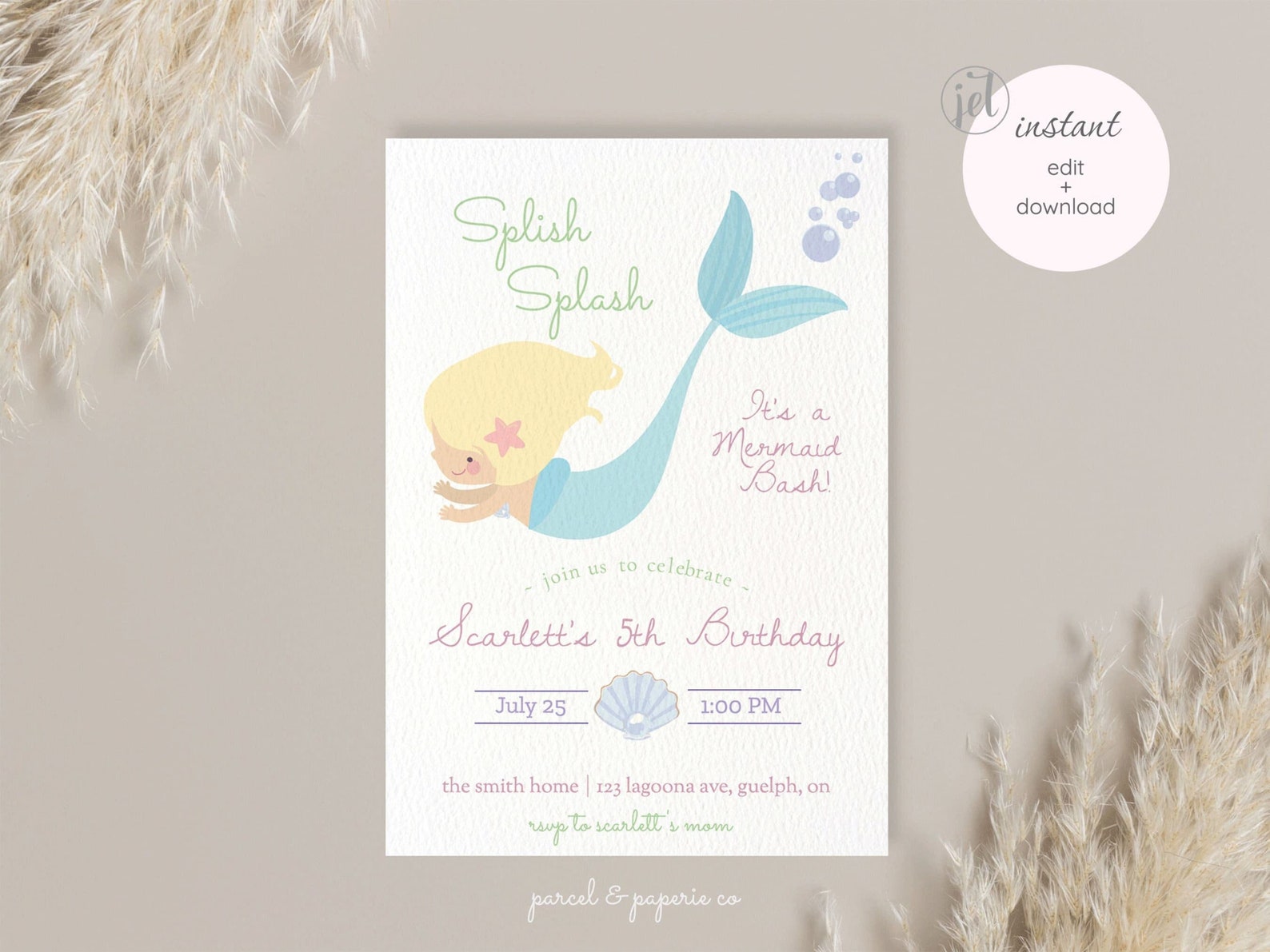 Digital Mermaid Birthday Invitation, Simple Mermaid Birthday Invite ...