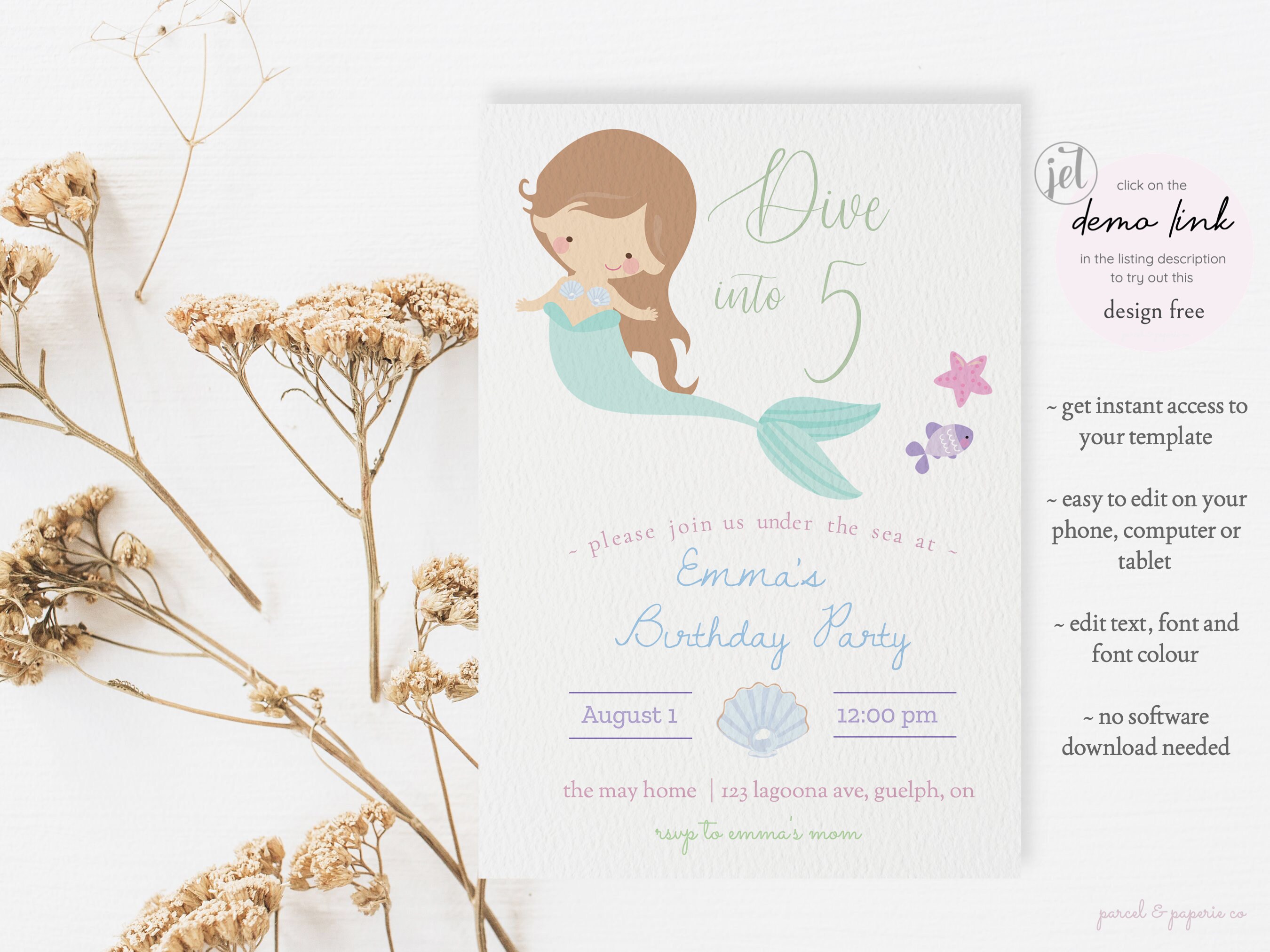 Digital Mermaid Birthday Invitation, Simple Mermaid Birthday Invite ...