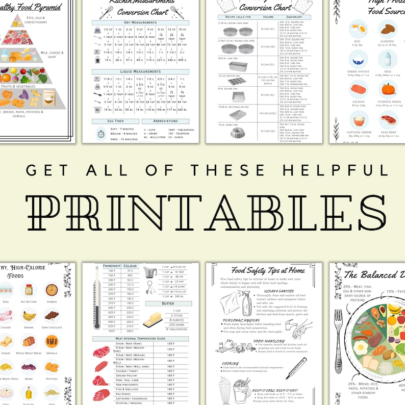 Kitchen Conversion Chart and Other Cheat Sheets for Recipe Binder, Meal ...