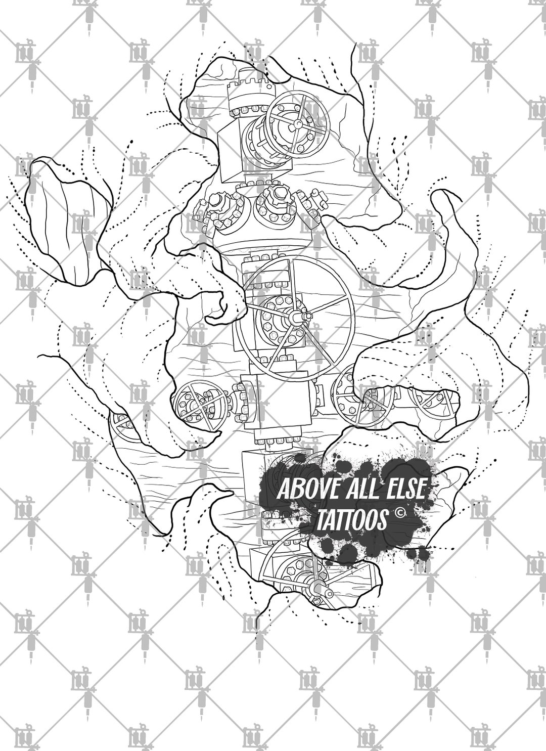 Oil Frac Tree in Bio-organic Cave- Lineart, Outline, Tattoo, Stencil ...