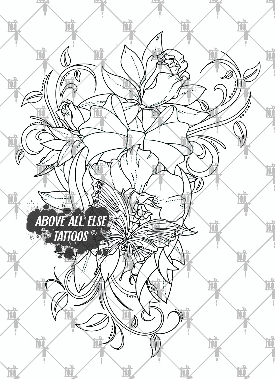 Azaleas With Butterfly and Bow- Lineart/outline/tattoo/stencil/drawing ...