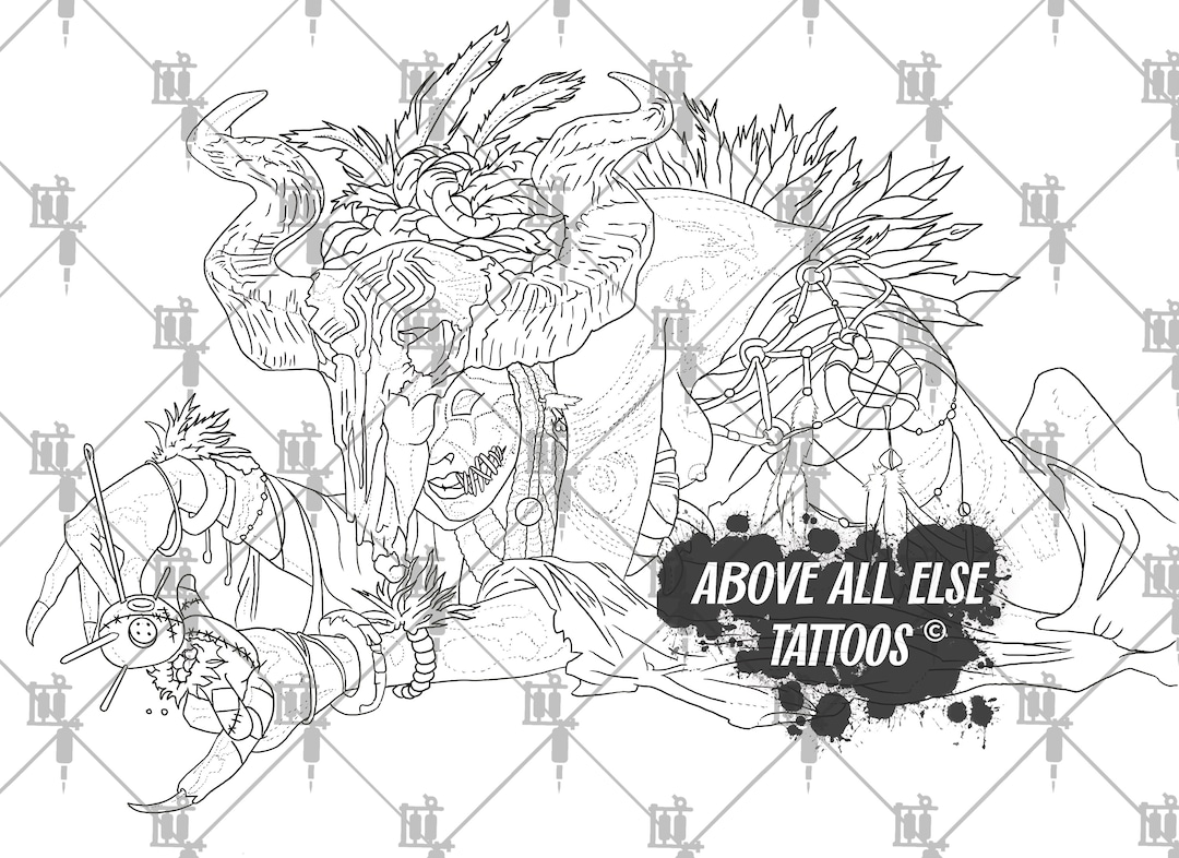Voodoo Creature- Lineart, Outline, Tattoo, Stencil, Drawing, Design ...